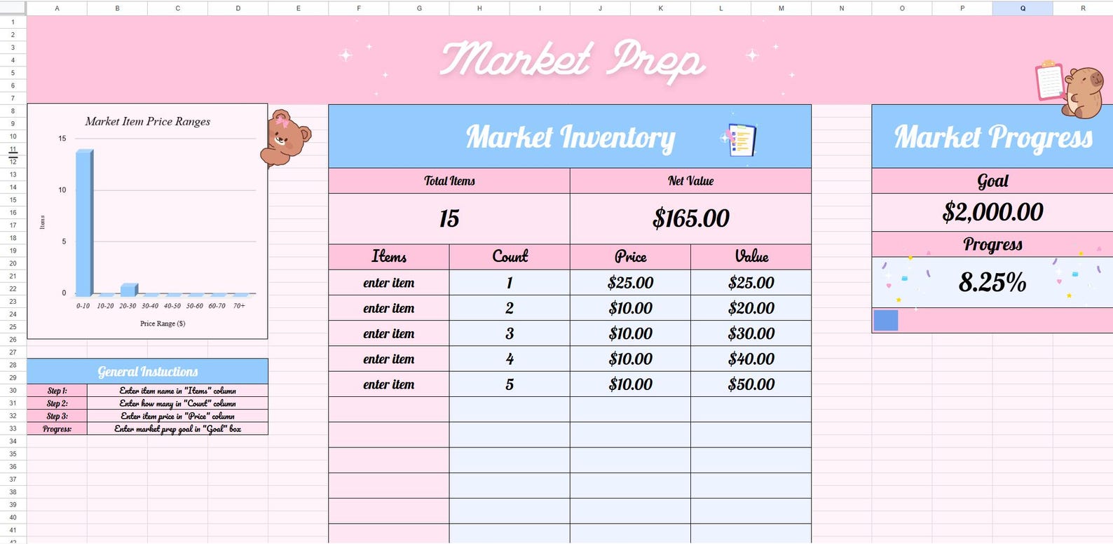 Cute Market Prep Spreadsheet - Etsy