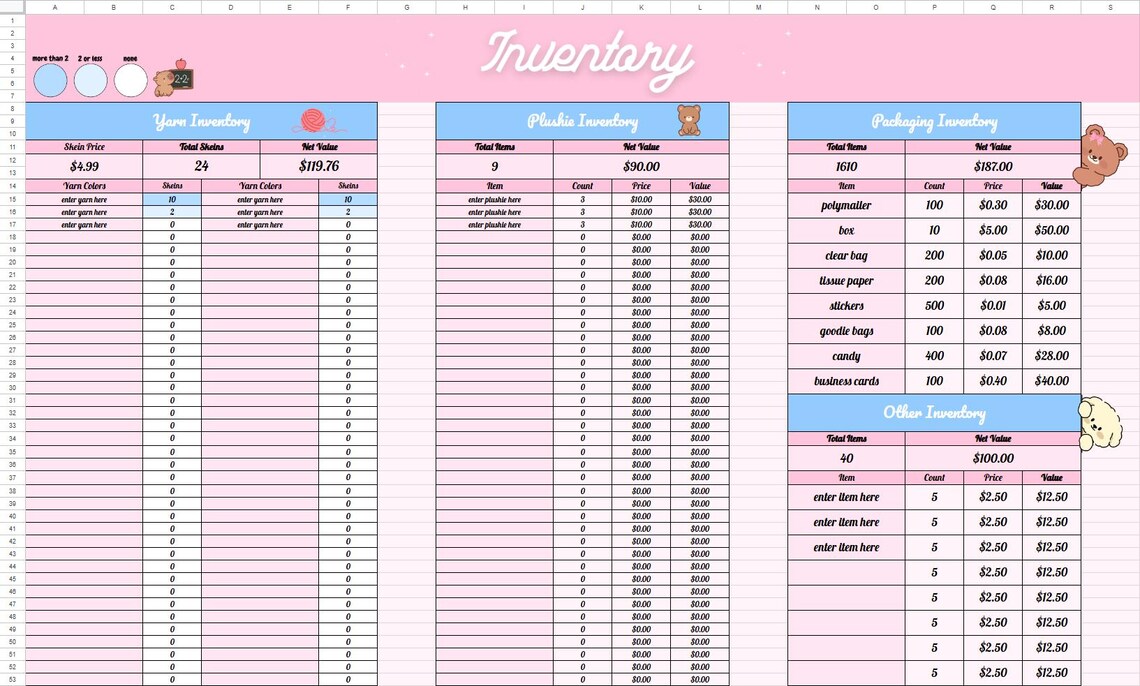 Cute Crochet Market Prep/pricing/inventory Spreadsheet Bundle - Etsy