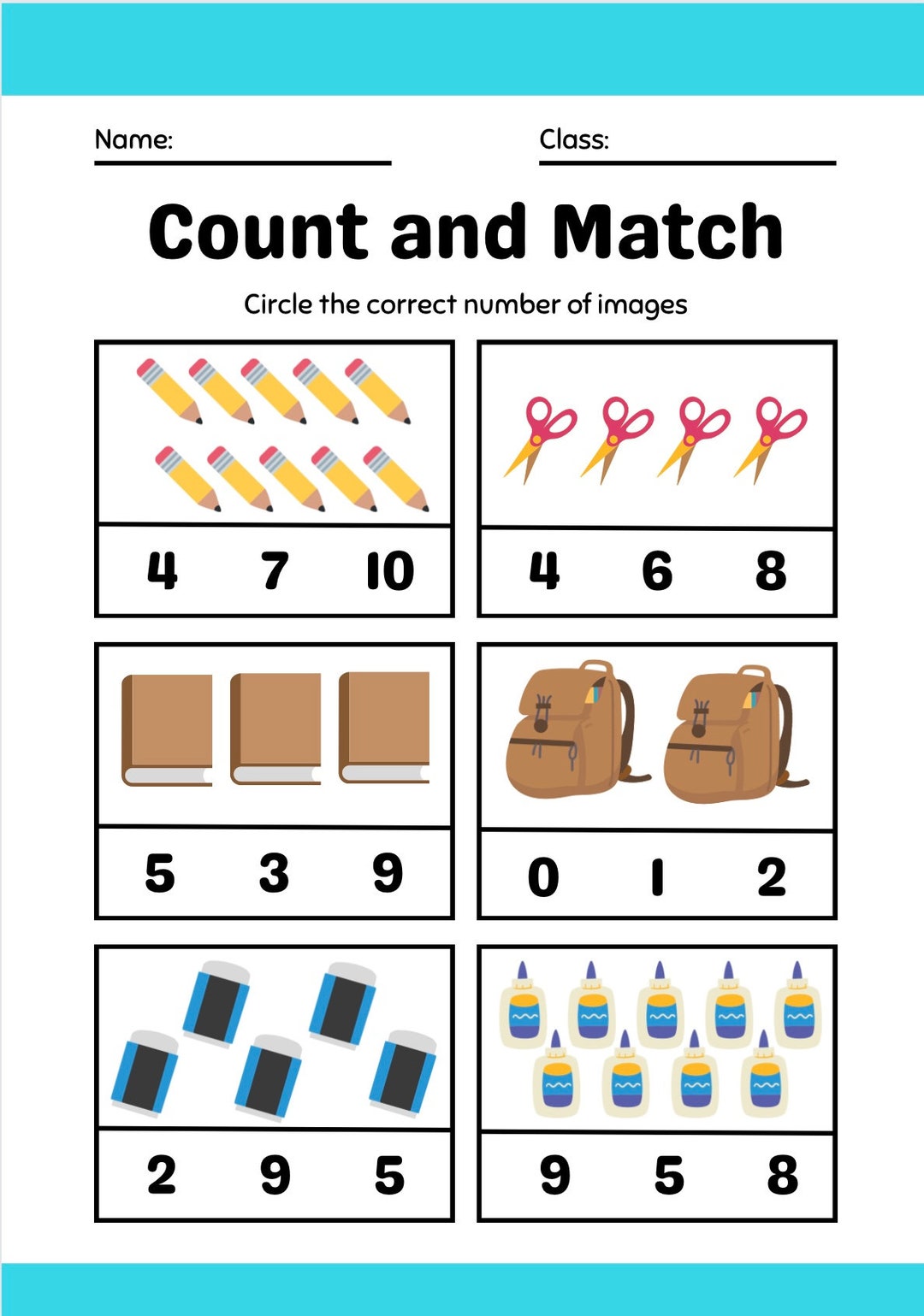 Blue Simple School Illustration Counting Images Mathematics Worksheet ...