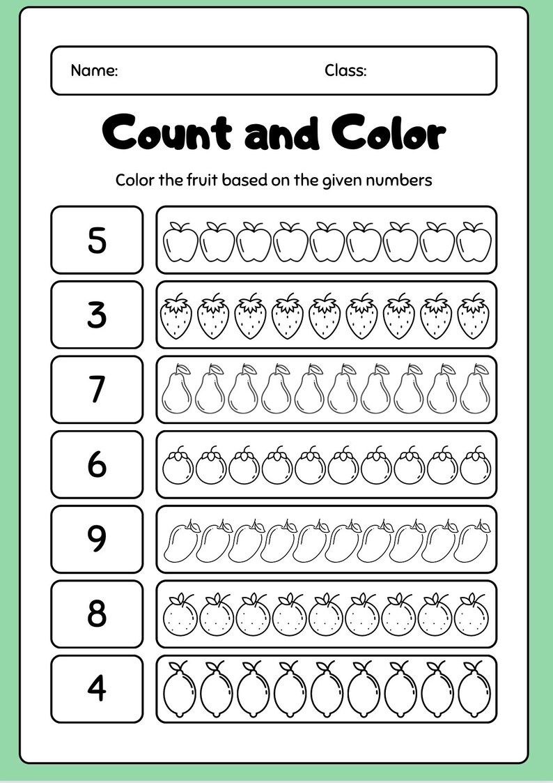 Green Simple Fruit Illustrated Mathematics Count and Color Worksheet - Etsy