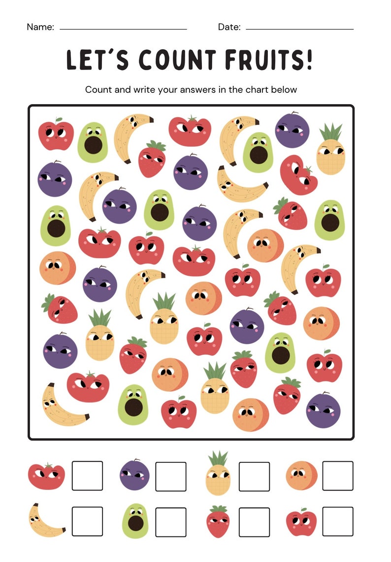 White Colorful Let's Count Fruits Worksheet - Etsy
