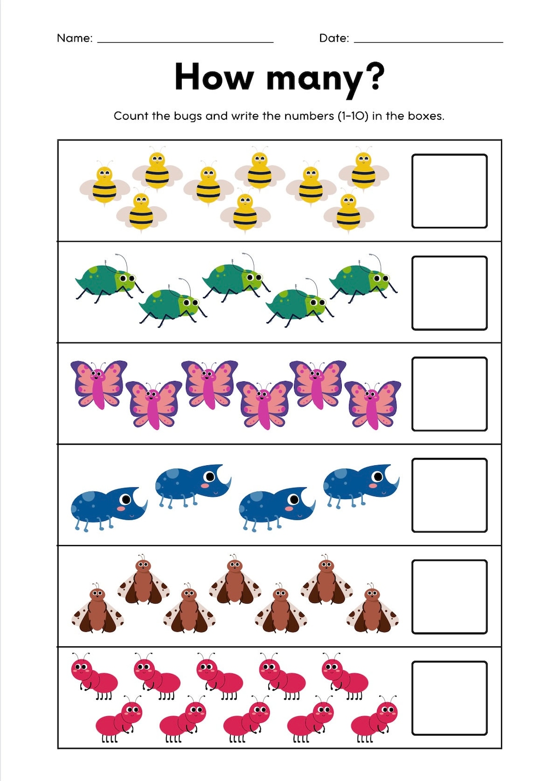 Colorful How Many Bugs Worksheet - Etsy
