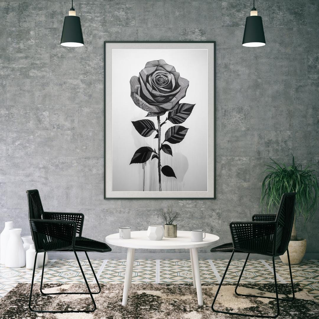Black and White Rose Abstract Geometric Wall Art Print, Floral Home ...