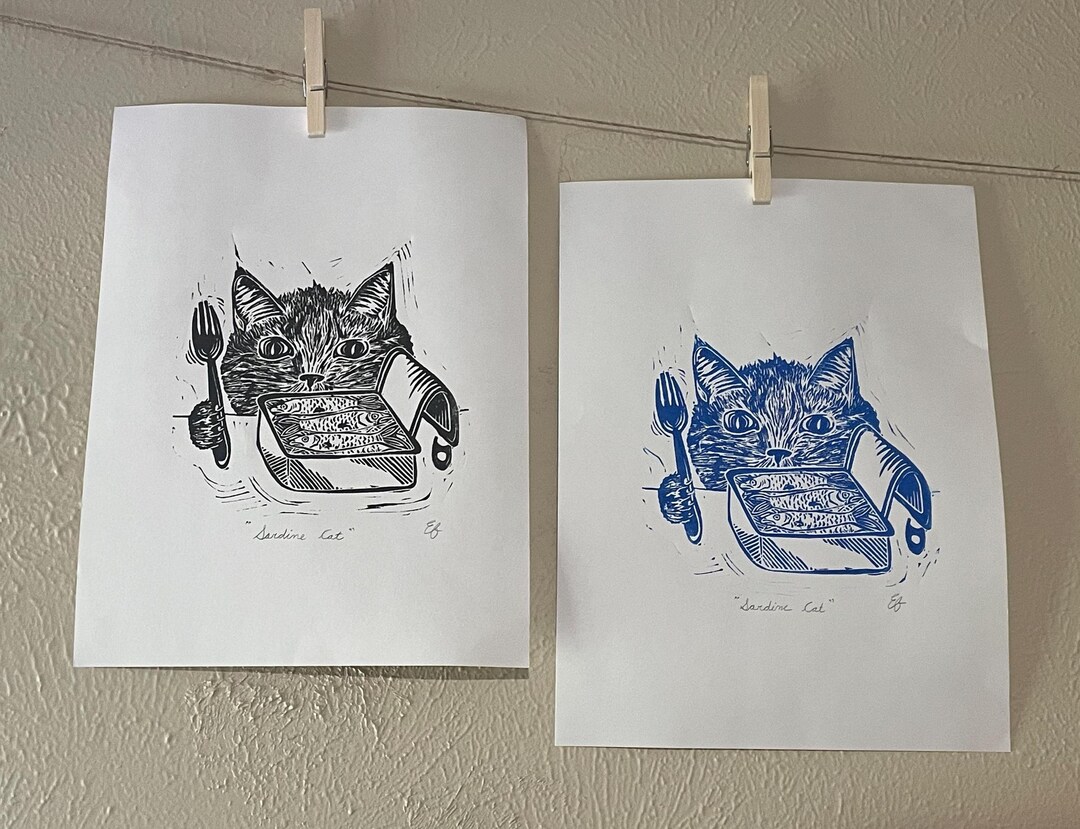 Sardine Cat Block Print Wall Art Linocut Print Cat Art Gift for Cat ...