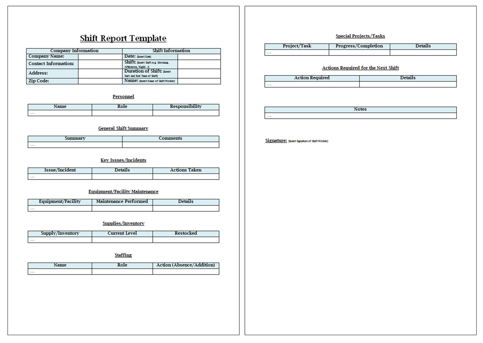 End of Shift Template | Shift Report Sheet | Crew Handover Review ...