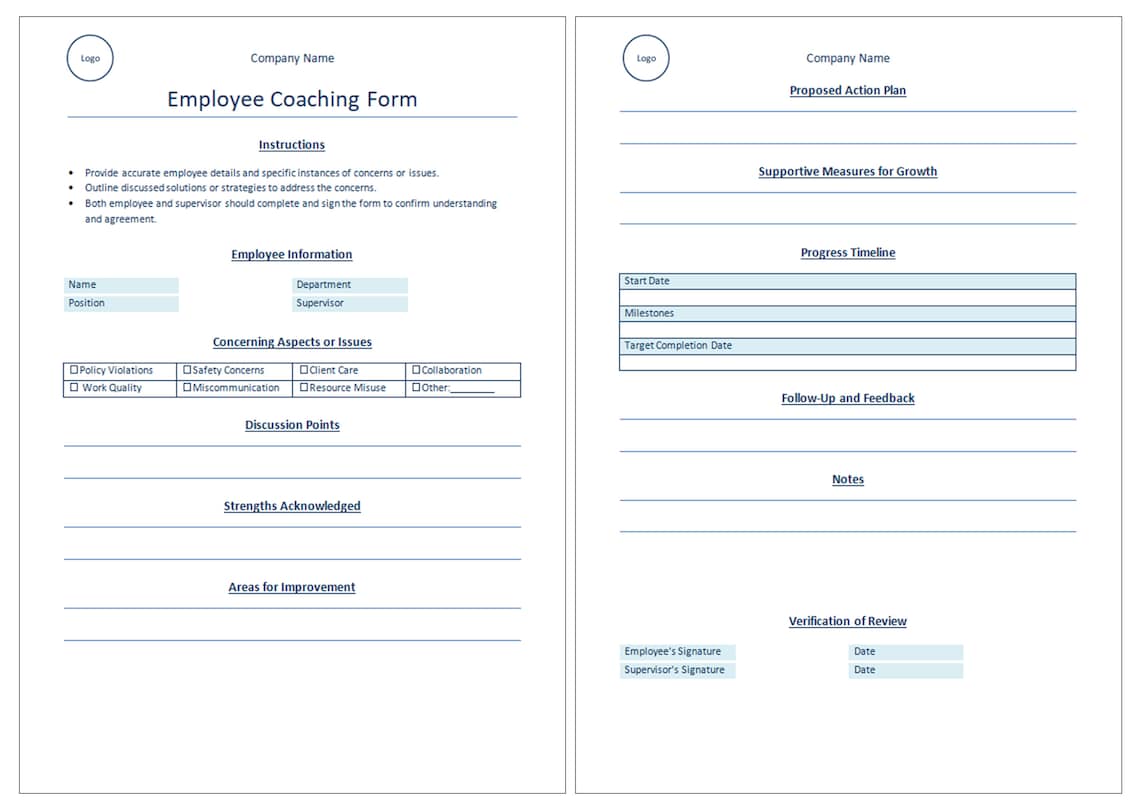 Employee Coaching Form | Performance Improvement Plan | Coaching ...