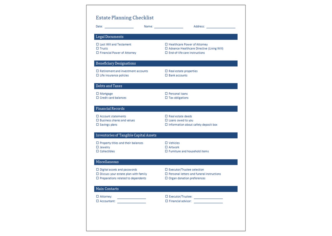 Estate Planning Checklist | Will Planning Worksheet | Estate Planning ...