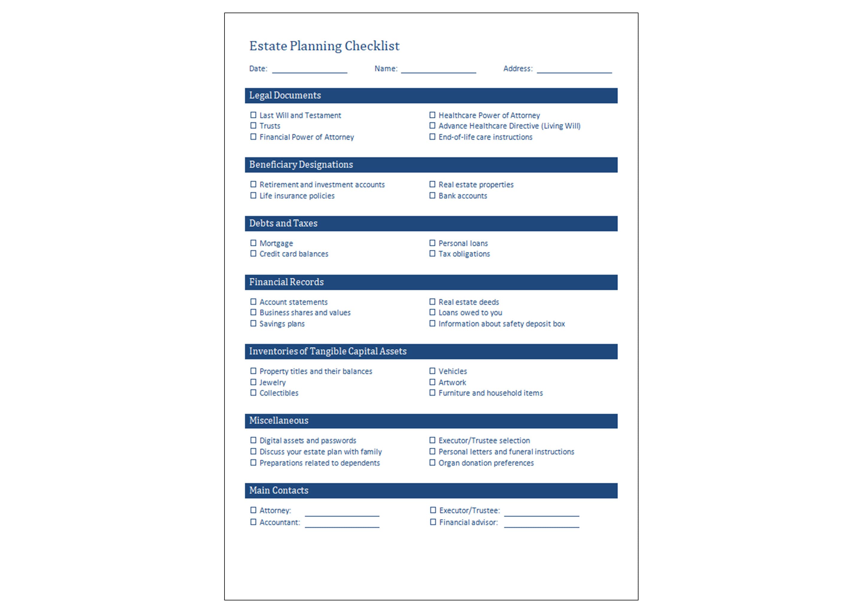 Estate Planning Checklist | Will Planning Worksheet | Estate Planning ...