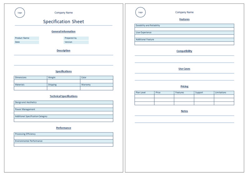 Spec Sheet Template | Product Specification Sheet | Data Sheet Editable ...