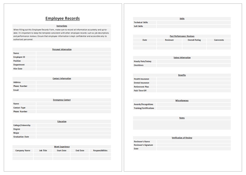 Employee Records Form | Employee Information Sheet Template | Instant ...