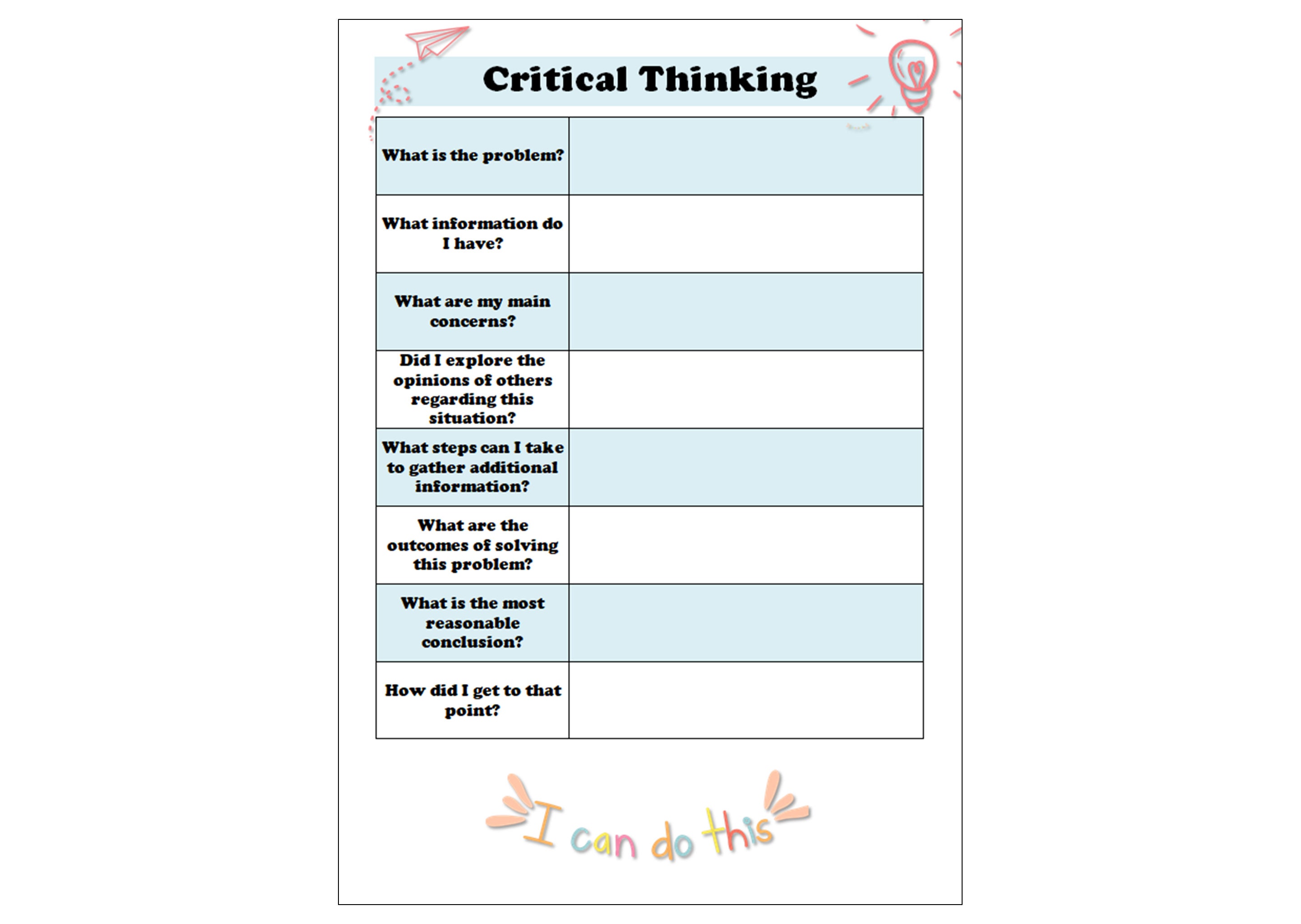 Critical Thinking Template | Decision Making Template | Self Evaluation ...