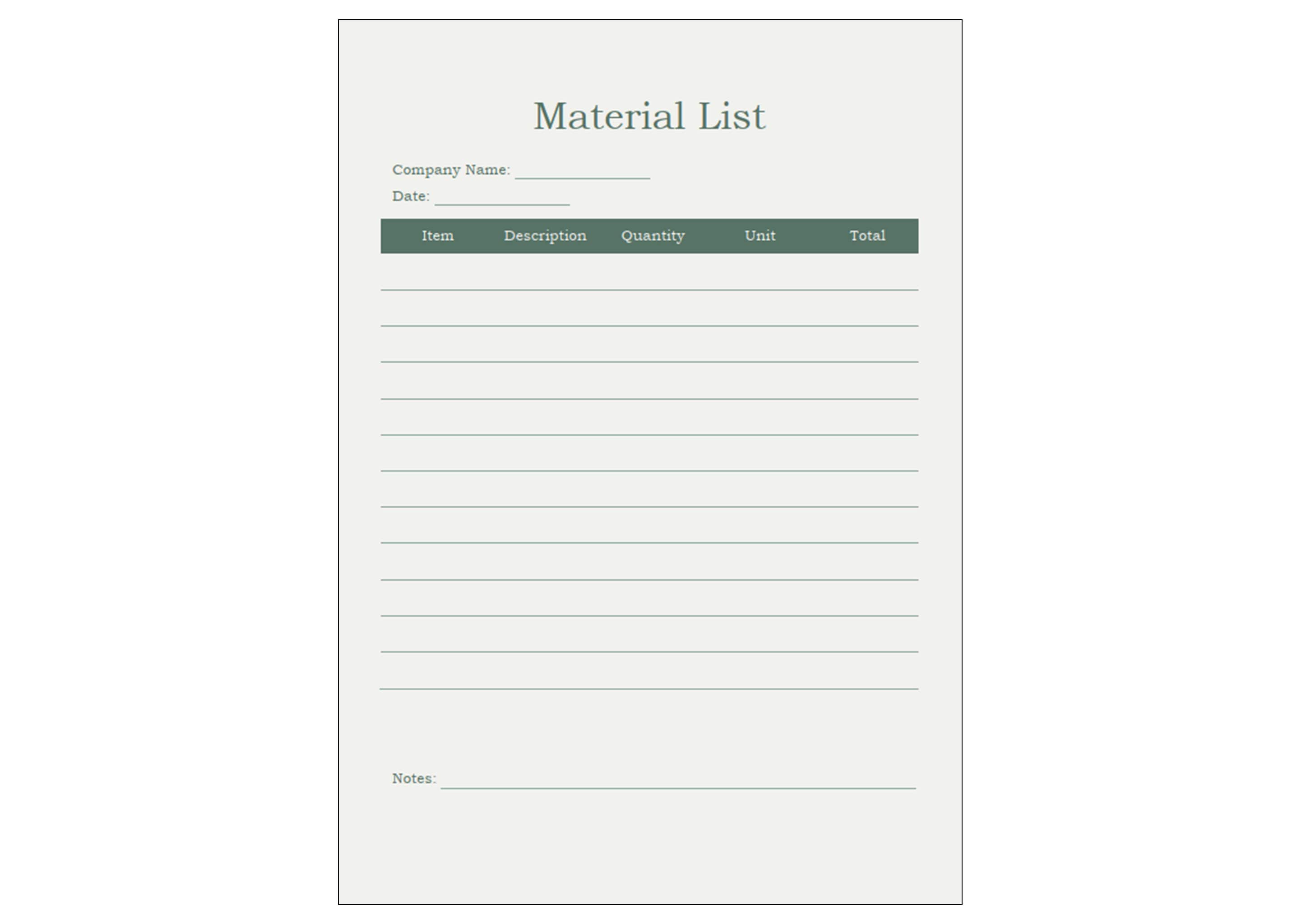 Material Checklist Template