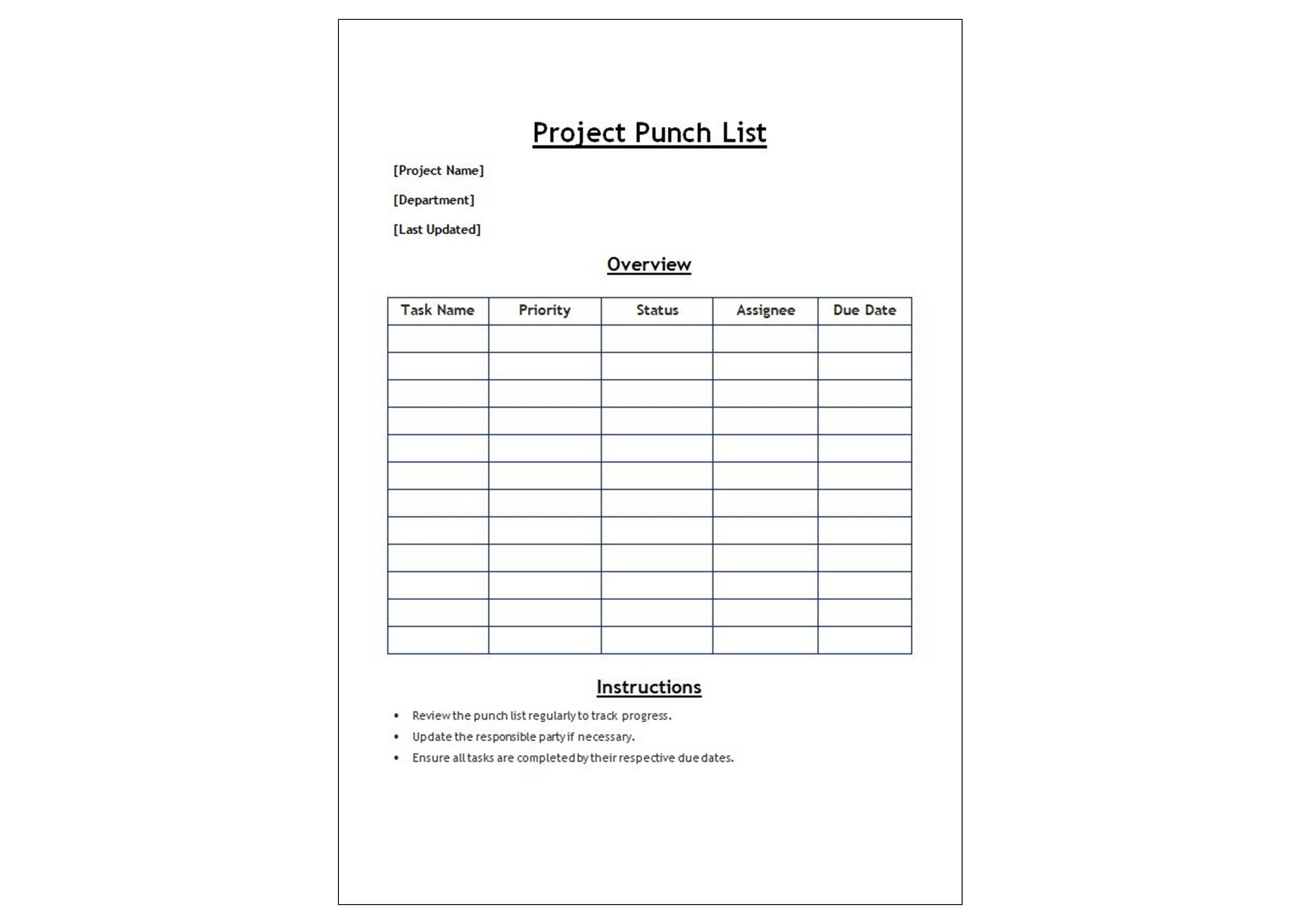 Punch List Template | Project Task Tracker | Work Progress Tracker ...