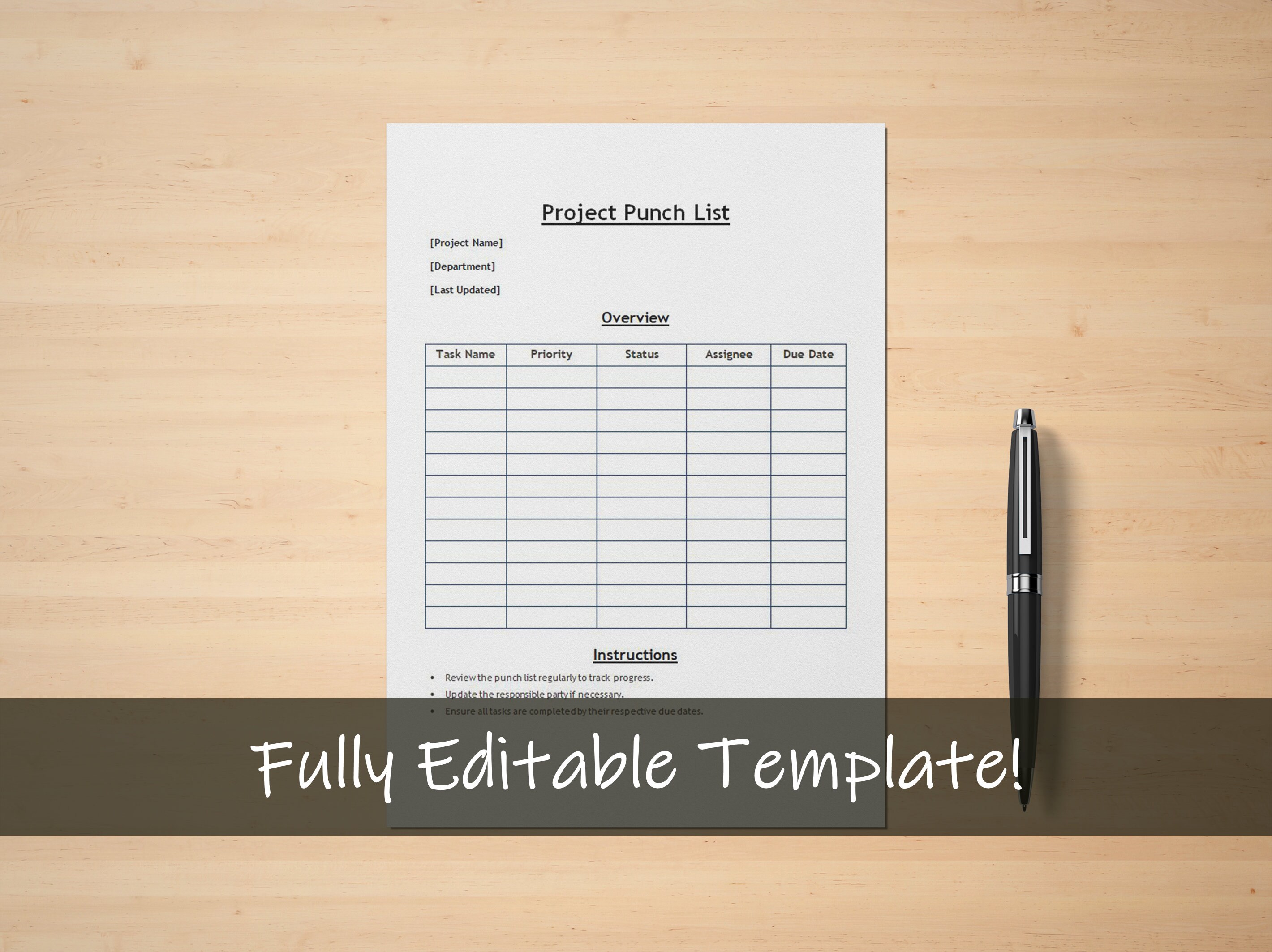 Punch List Template | Project Task Tracker | Work Progress Tracker ...