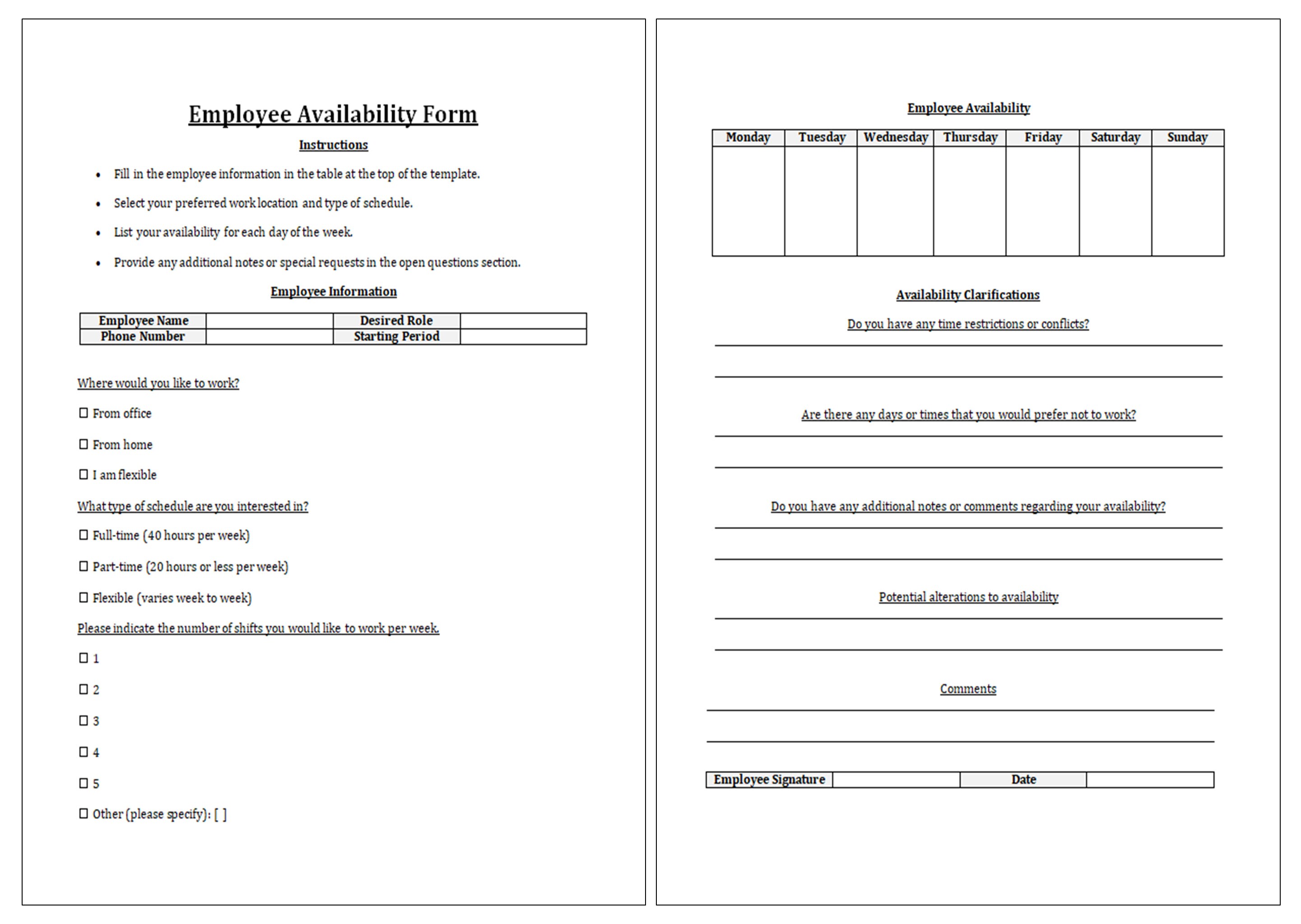 Employee Availability Form | Worker Schedule Survey | Personnel Time ...