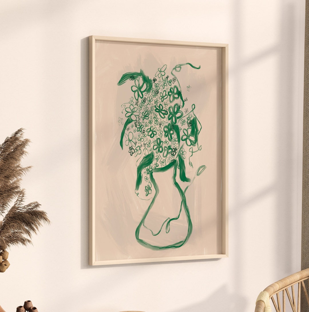 Abstract Flowers Green Vase Digital Wall Art Print , Botanical Beige ...