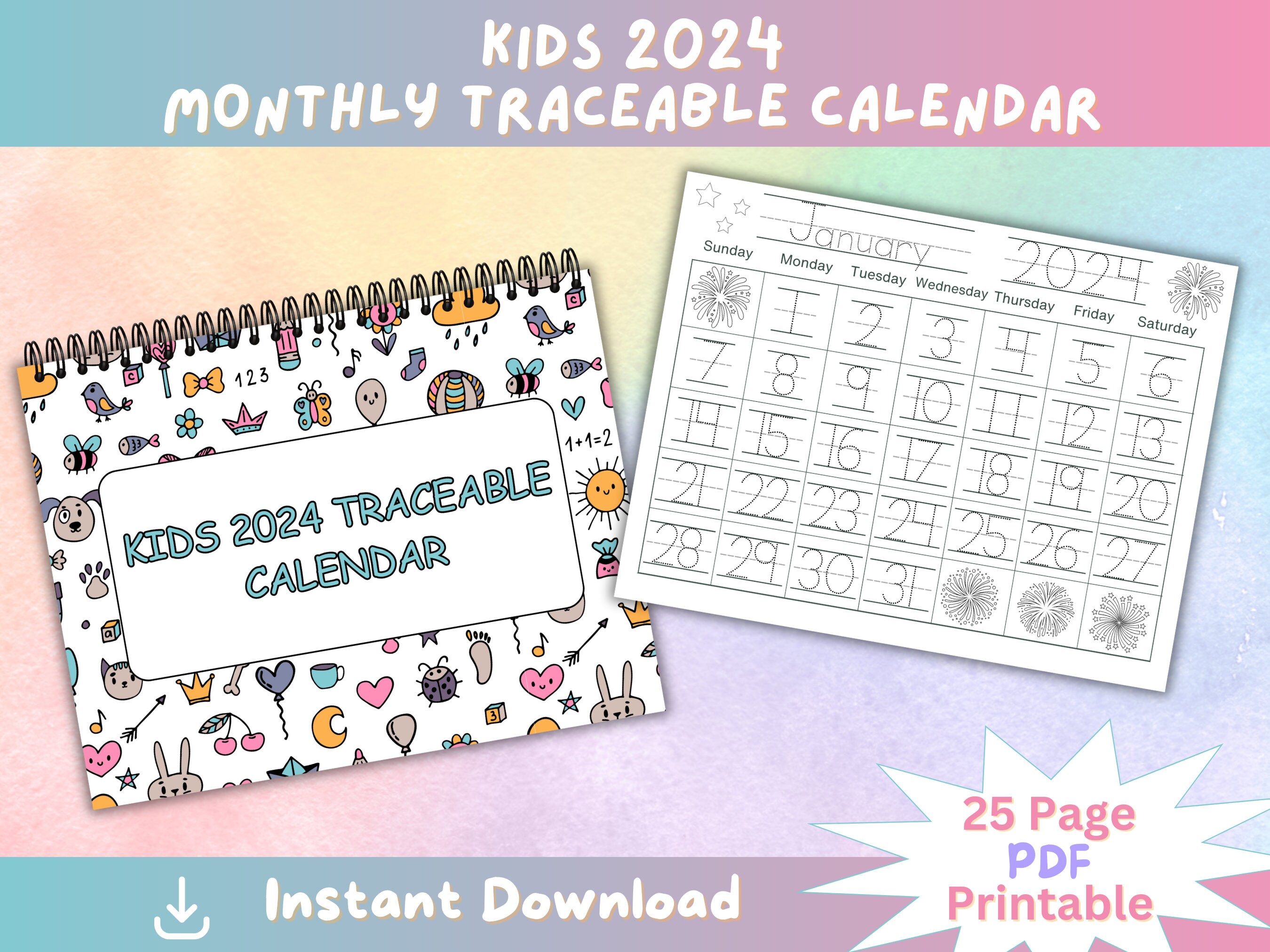 Kids 2024 Traceable Calendar, Printable 2024 Calendar for Kids ...