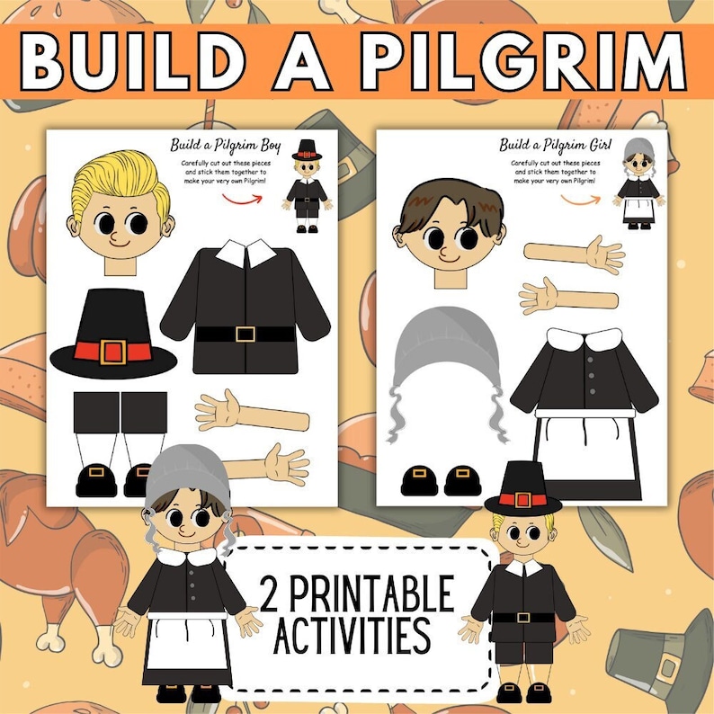 Build A Pilgrim Kids Crafts Activity, Thanksgiving DIY Craft, Festive ...