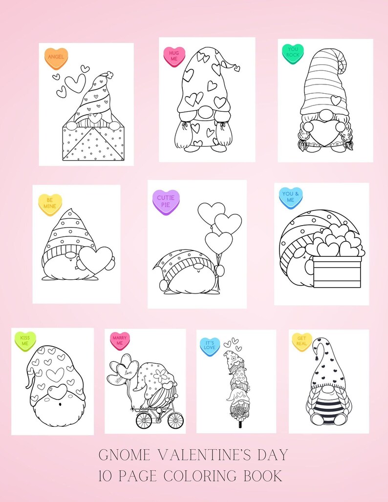 Gnome Valentine's Printable Coloring Book, Valentine Coloring Book for ...