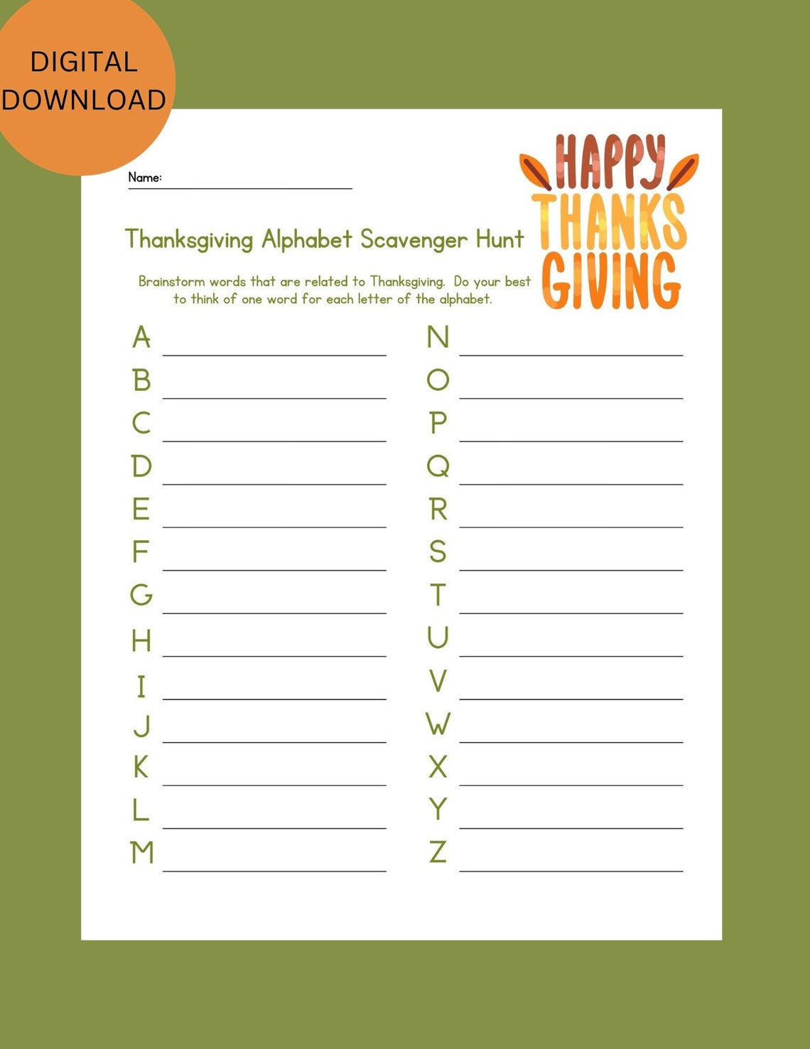 Thankful ABC Game, Thankful A-Z Game, Thanksgiving Gratitude Activity ...