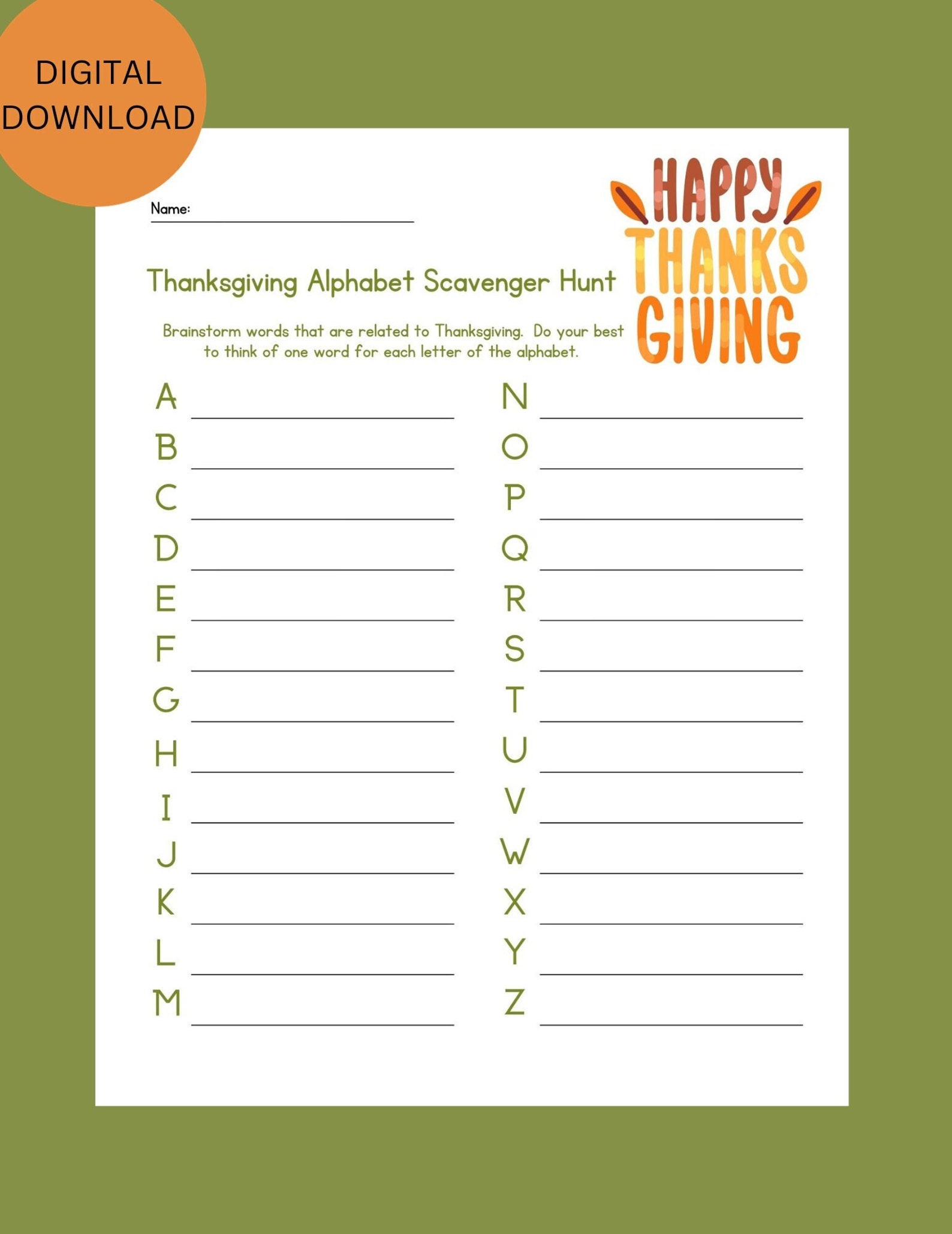 Thankful ABC Game, Thankful A-Z Game, Thanksgiving Gratitude Activity ...
