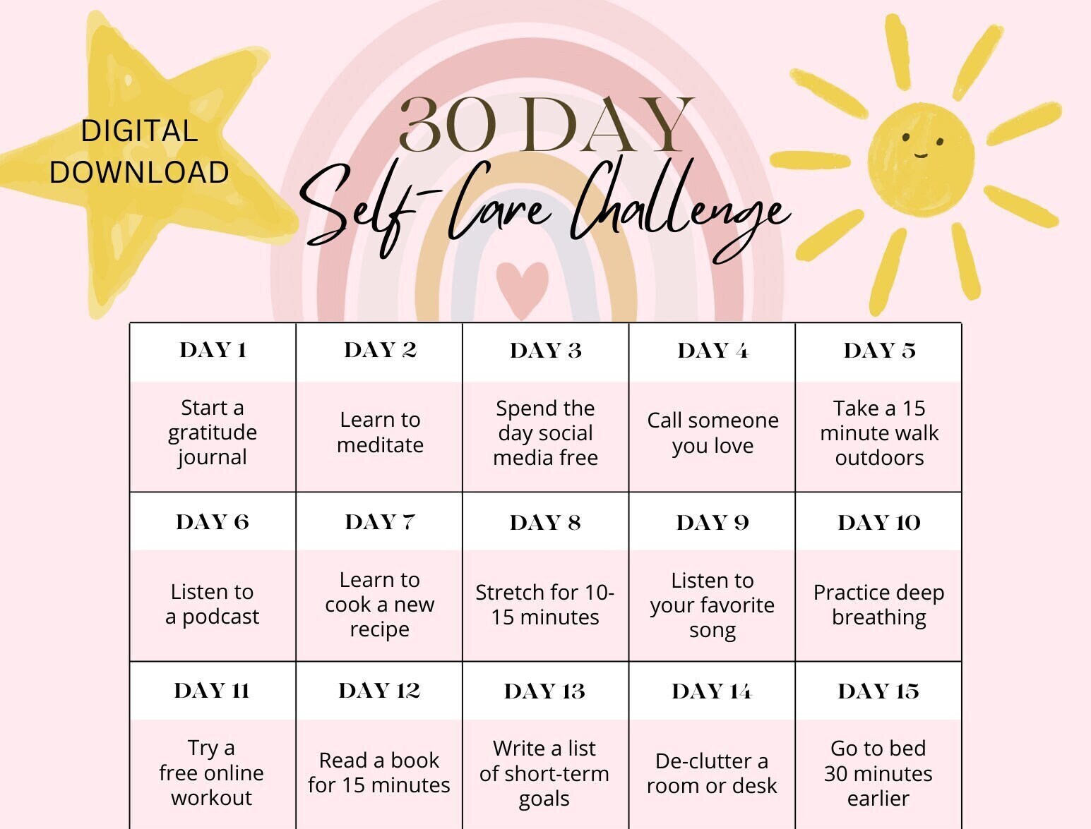 Printable 30 Day Self Care Challenge, Self Care, 30 Day Challenge - Etsy