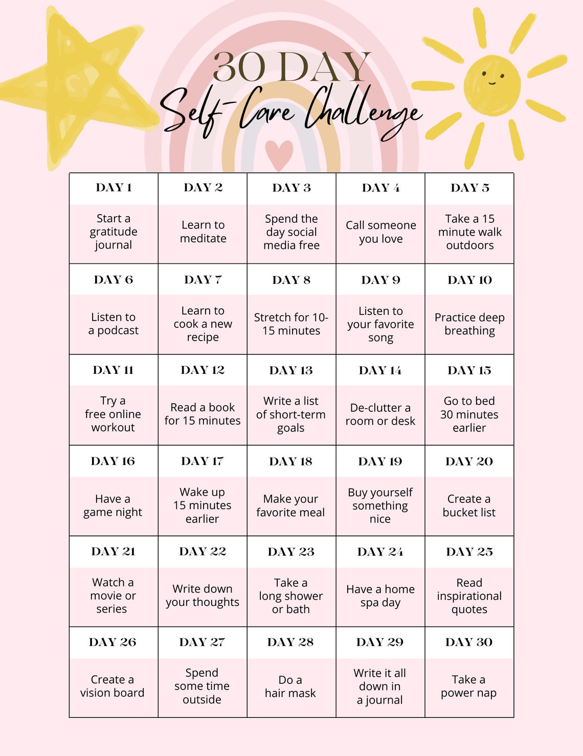 Printable 30 Day Self Care Challenge, Self Care, 30 Day Challenge - Etsy