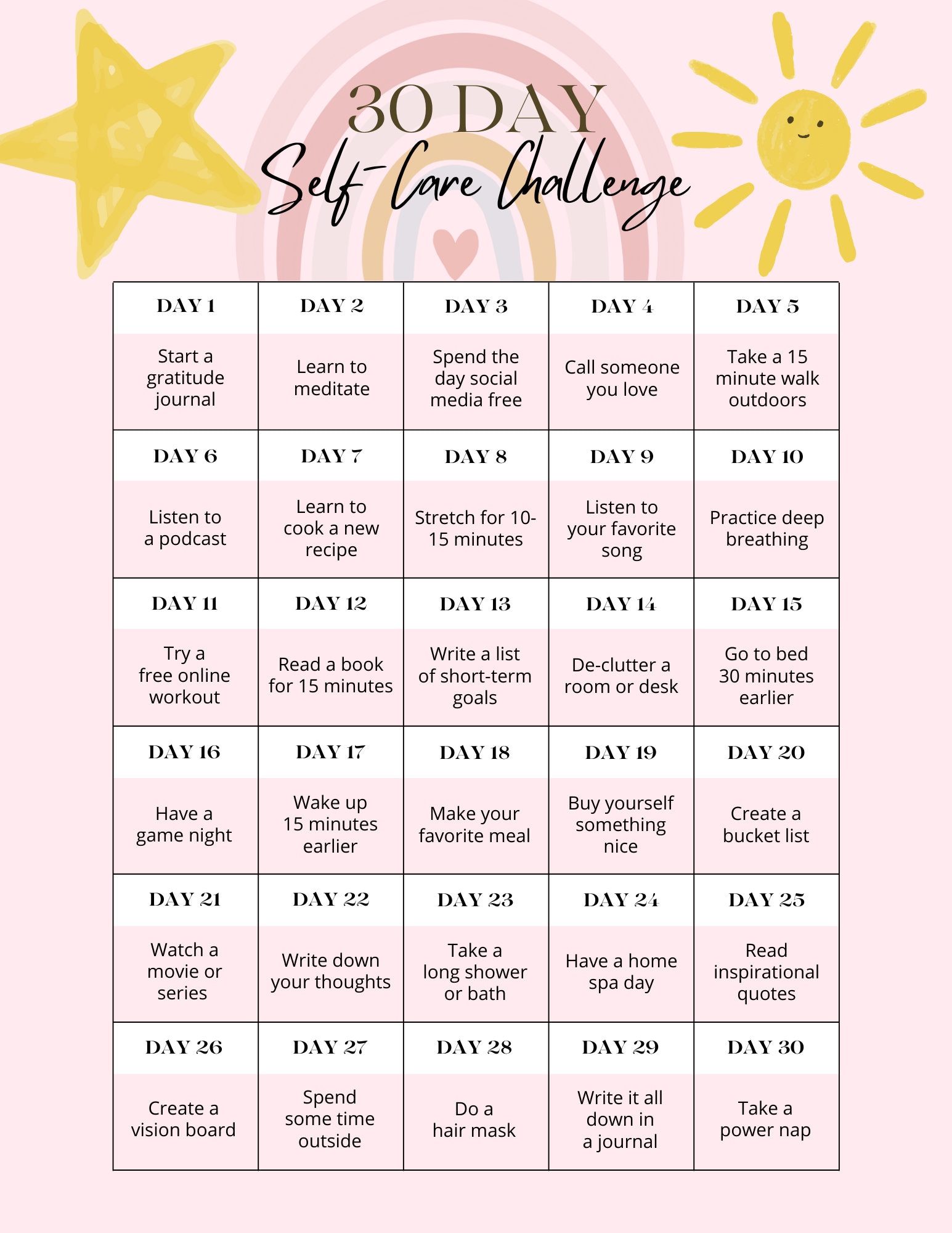 Printable 30 Day Self Care Challenge, Self Care, 30 Day Challenge - Etsy