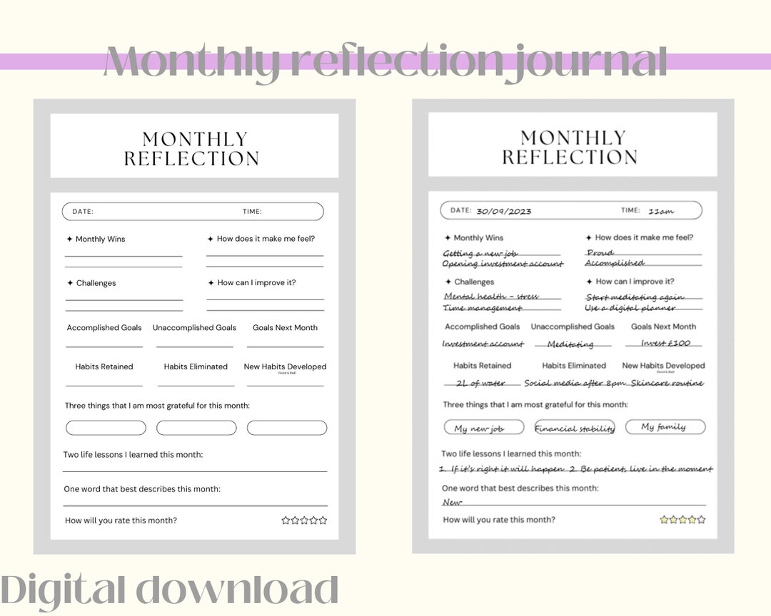 Monthly Reflection Journal Page, Self-care, Wellness, Reflection, Goals ...