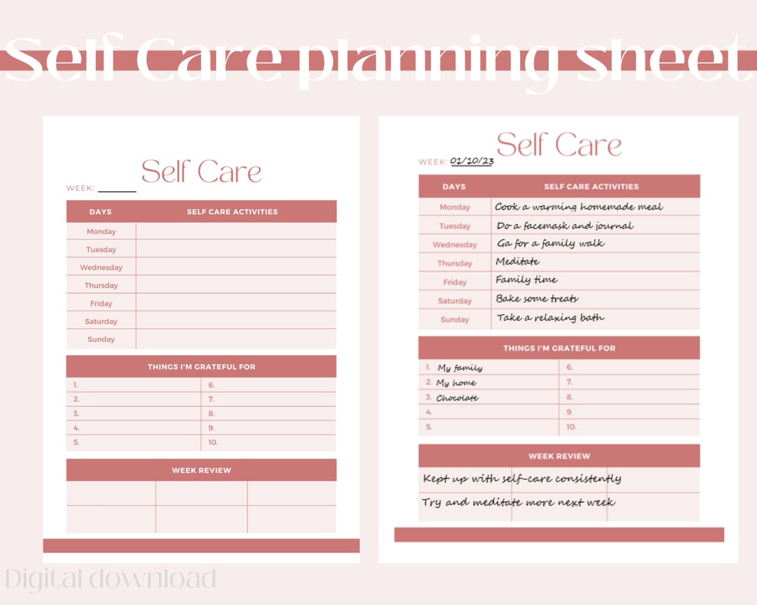 Self-care Planning Sheet, Weekly, Overall, Gratitude, Health and ...