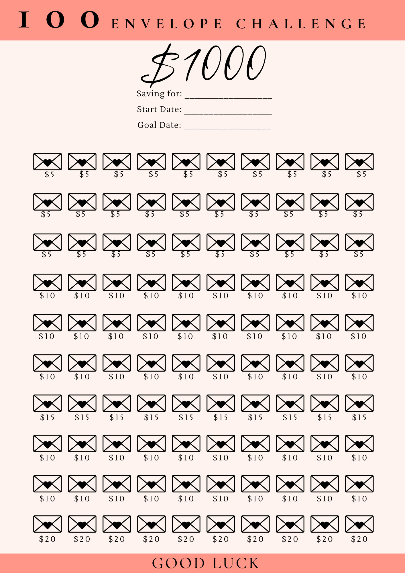 100 Envelope Challenge: 1K Money Saving Challenge, Instant Download - Etsy
