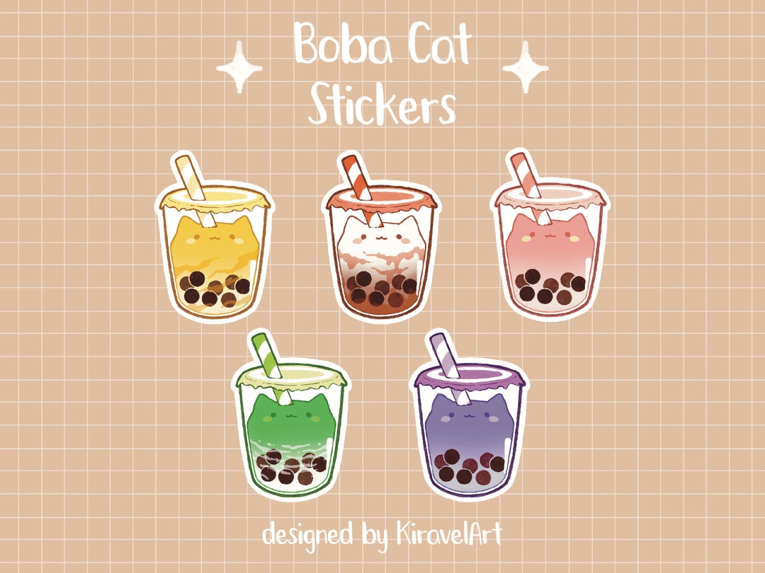 Boba Cat Sticker Set Cute Cat Sticker Waterproof Durable Stickers ...