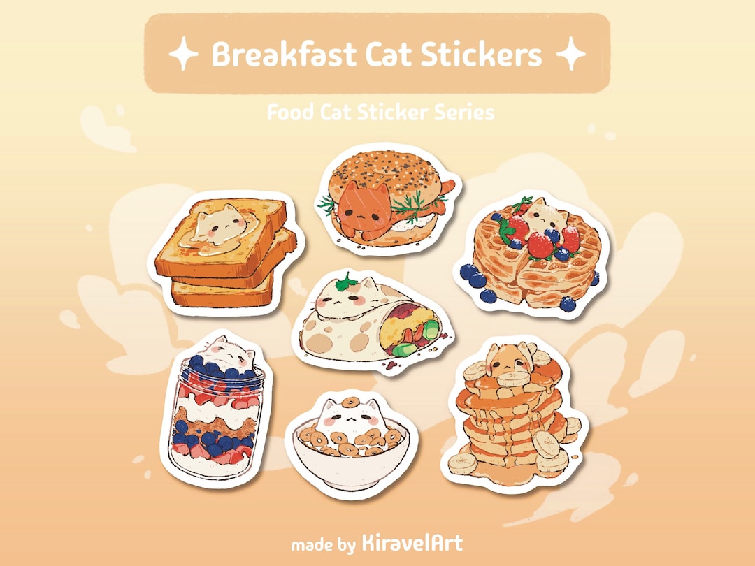 Breakfast Cat Sticker Set | Cute Cat Sticker Waterproof Durable ...