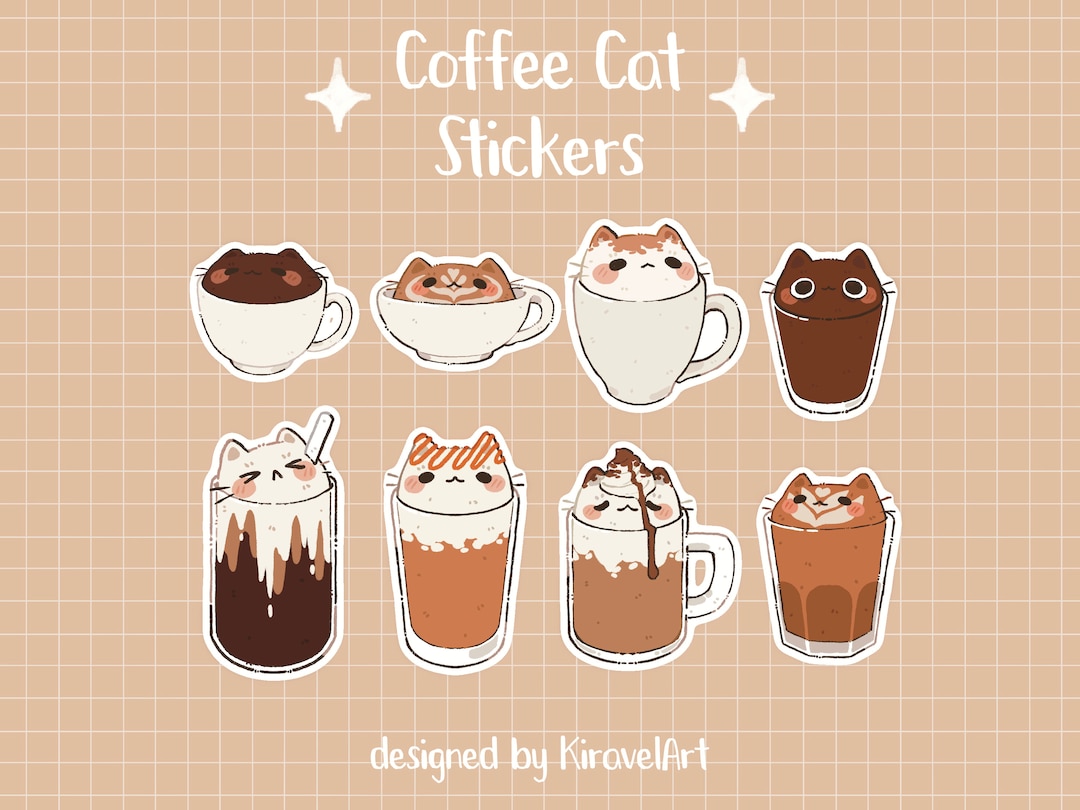Coffee Cup Cat Sticker Set Cute Cat Sticker Waterproof Durable Stickers ...