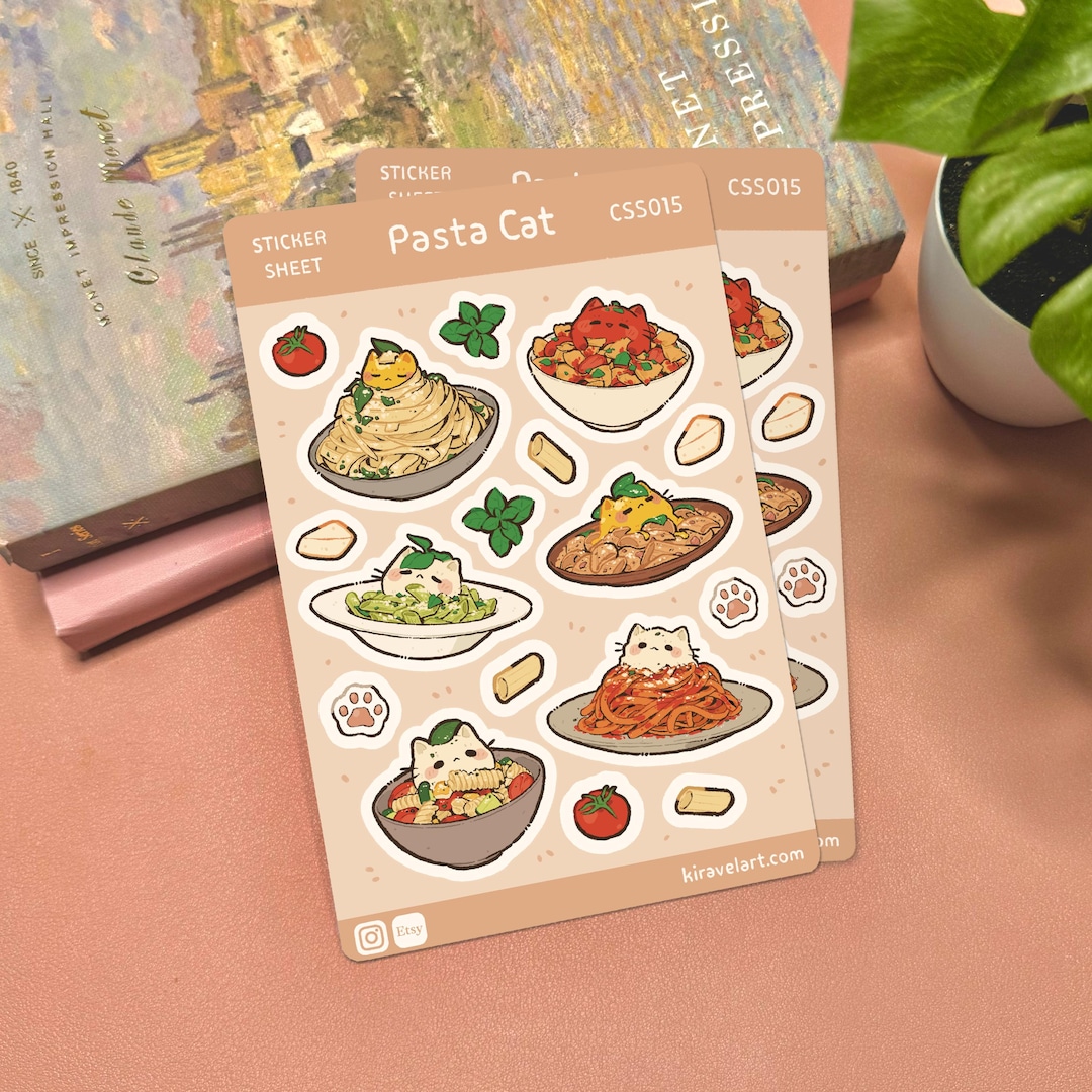 Pasta Cat Sticker Sheet | 3.75' X 5.625' Cute Cat Sticker Waterproof ...