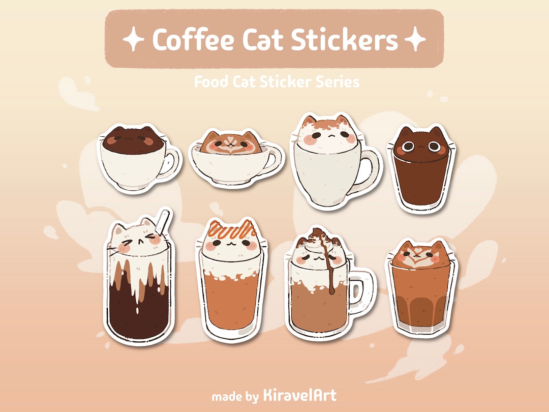 Coffee Cup Cat Sticker Set Cute Cat Sticker Waterproof Durable Stickers ...