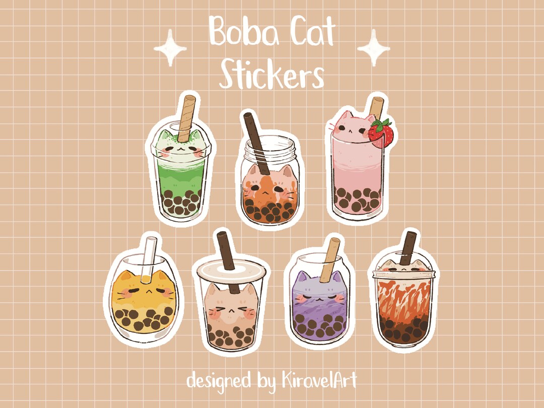 Boba Cat Sticker Set Cute Cat Sticker Waterproof Durable Stickers ...