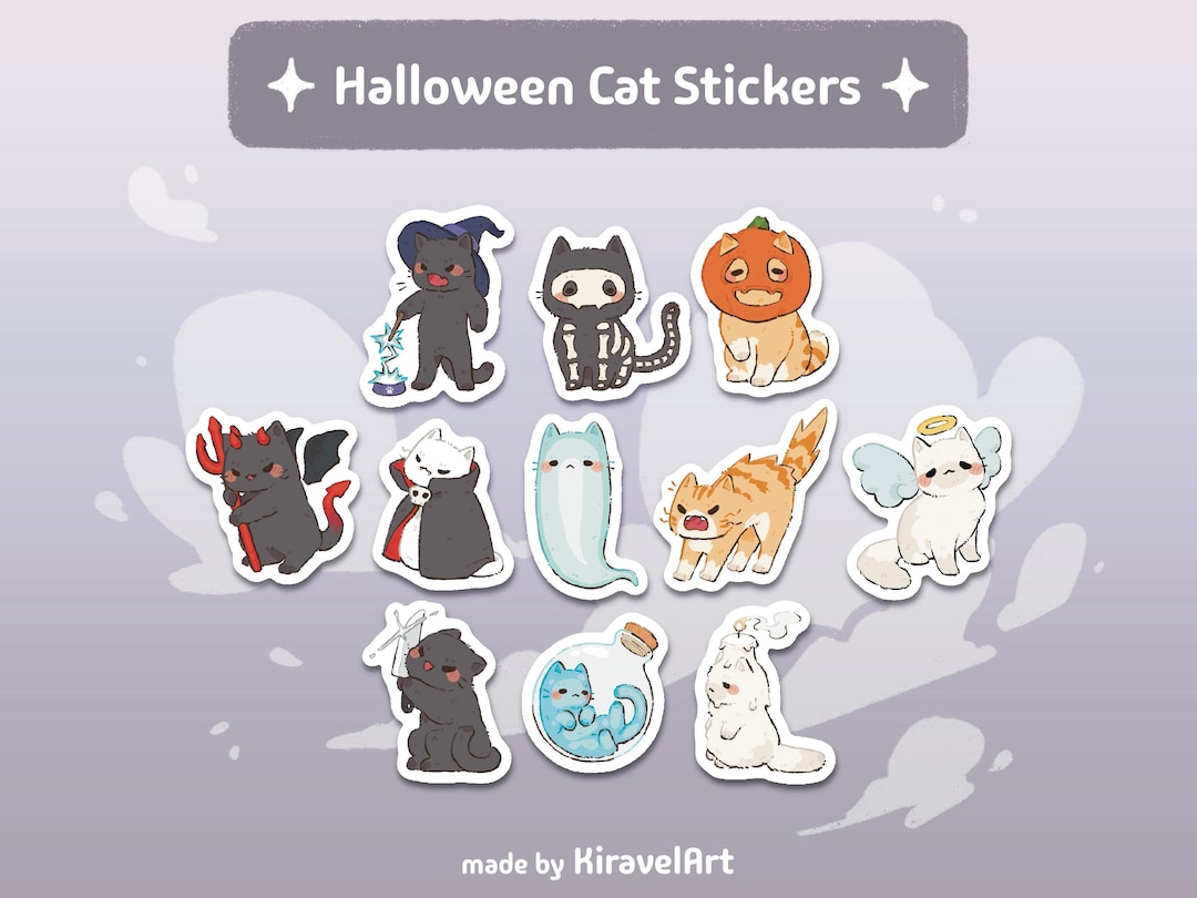 Halloween Cat Sticker Set | Cute Cat Sticker Pack Durable Stickers ...