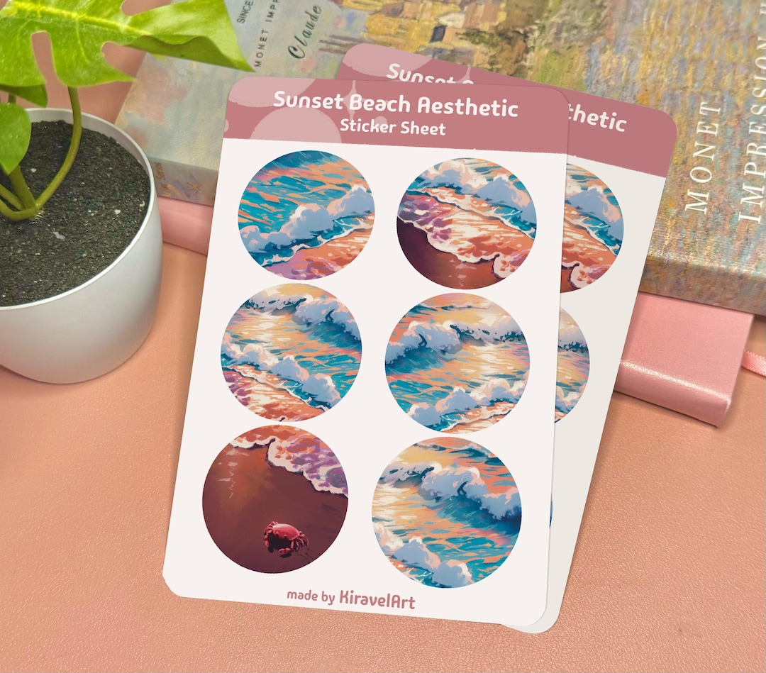 Sunset Beach Aesthetic Sticker Sheet | Ocean Sticker Sheet Pink ...