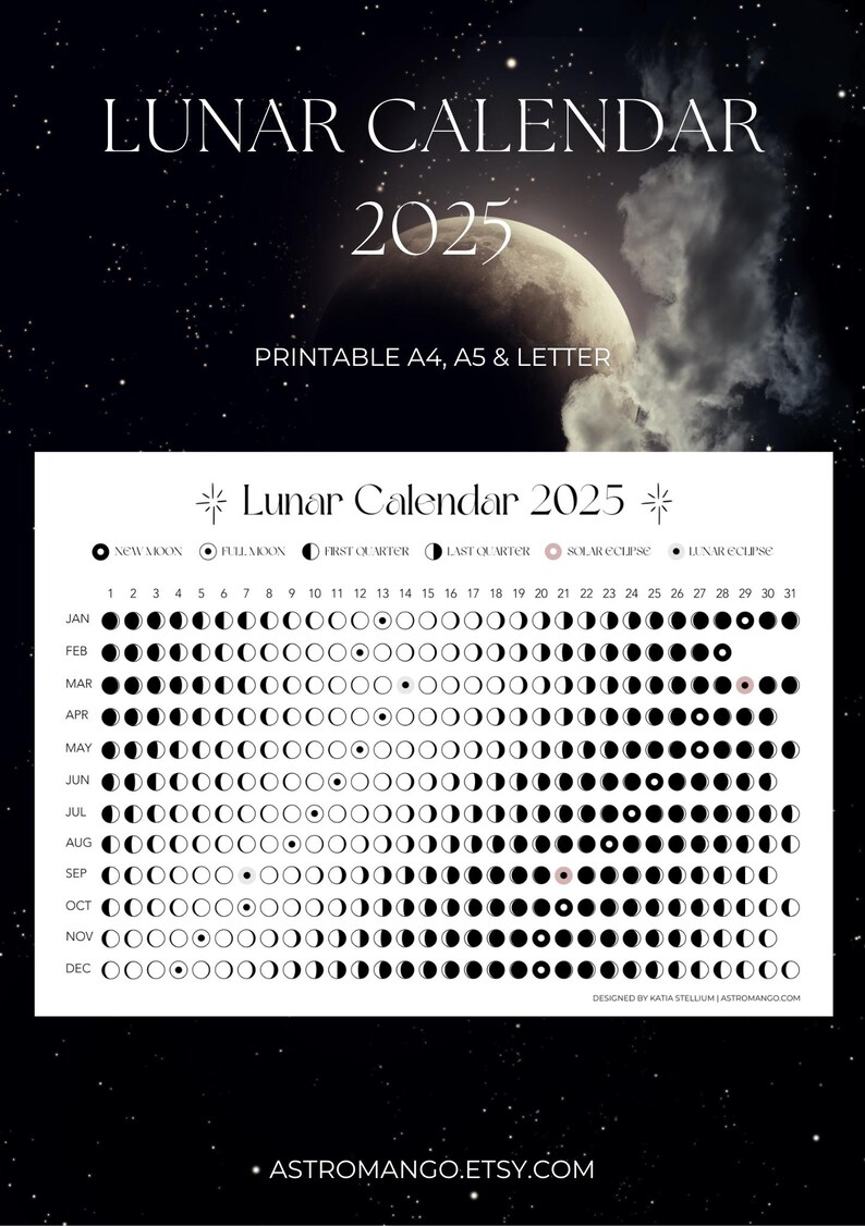 Lunar Calendar Printable | Moon Calendar | Lunar Phases | Moon Phases ...