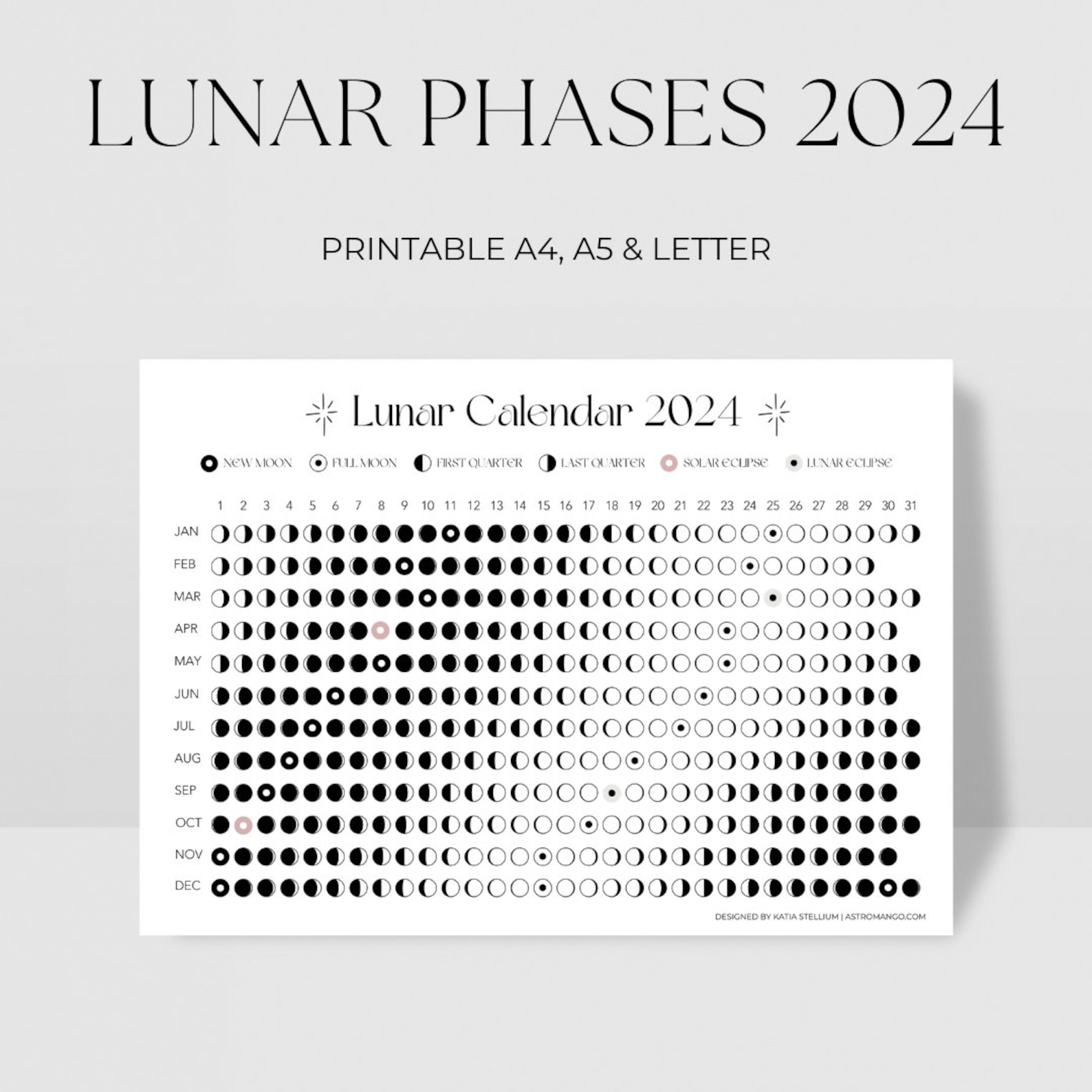 Lunar Calendar Printable Moon Calendar 2024 Lunar Phases Moon Phases - Etsy