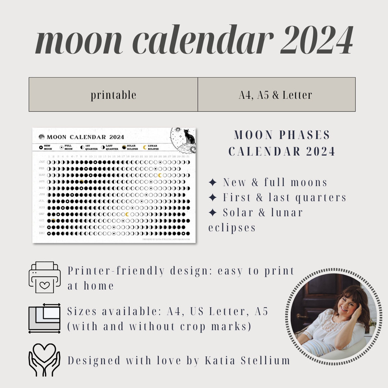 Moon Calendar Printable // Lunar Calendar 2024 // Moon Phases // Lunar ...