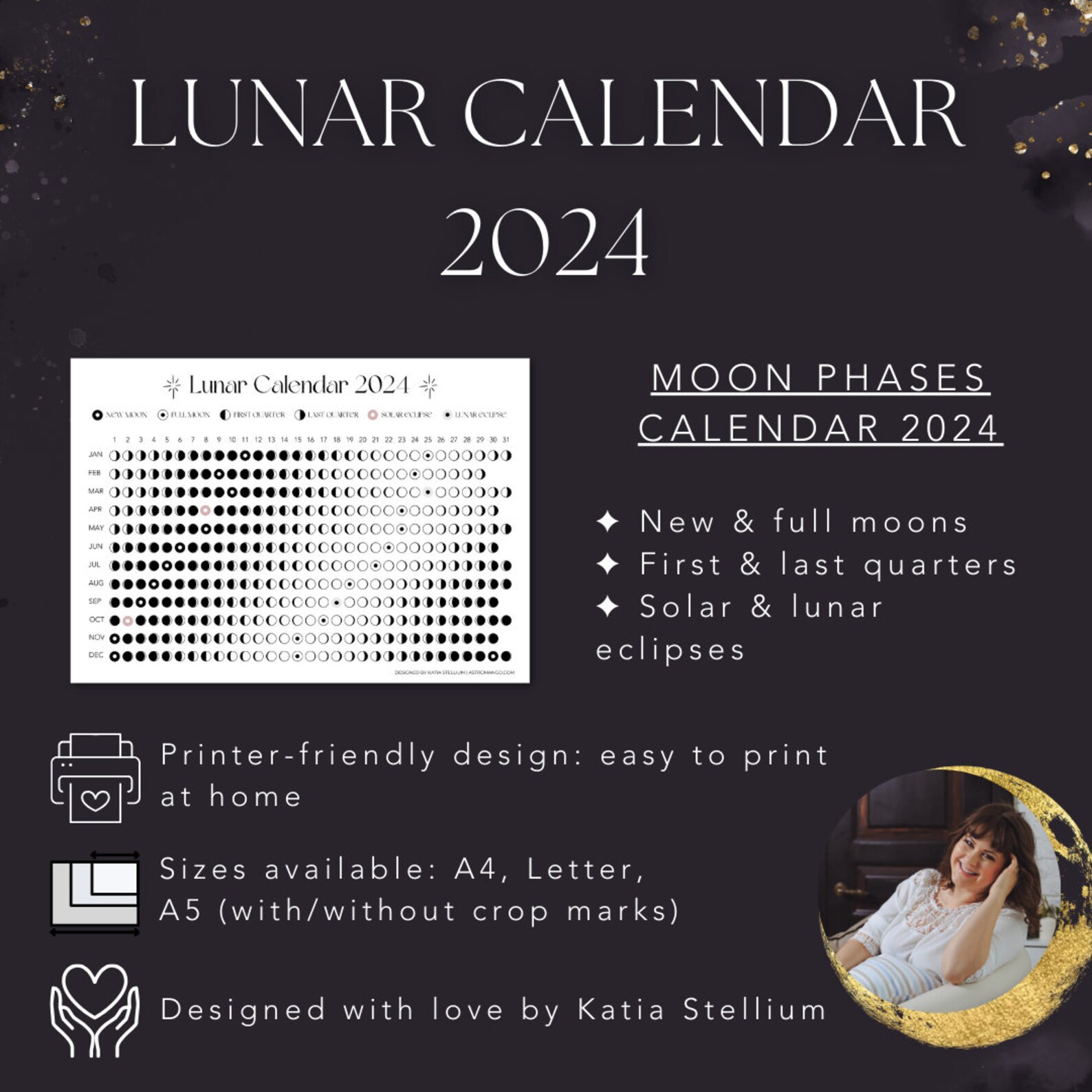 Lunar Calendar Printable Moon Calendar 2024 Lunar Phases Moon Phases - Etsy