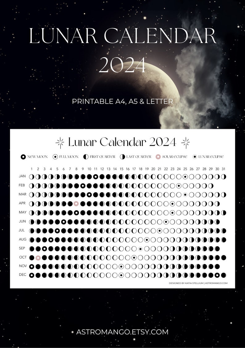 Lunar Calendar Printable Moon Calendar 2024 Lunar Phases Moon Phases - Etsy