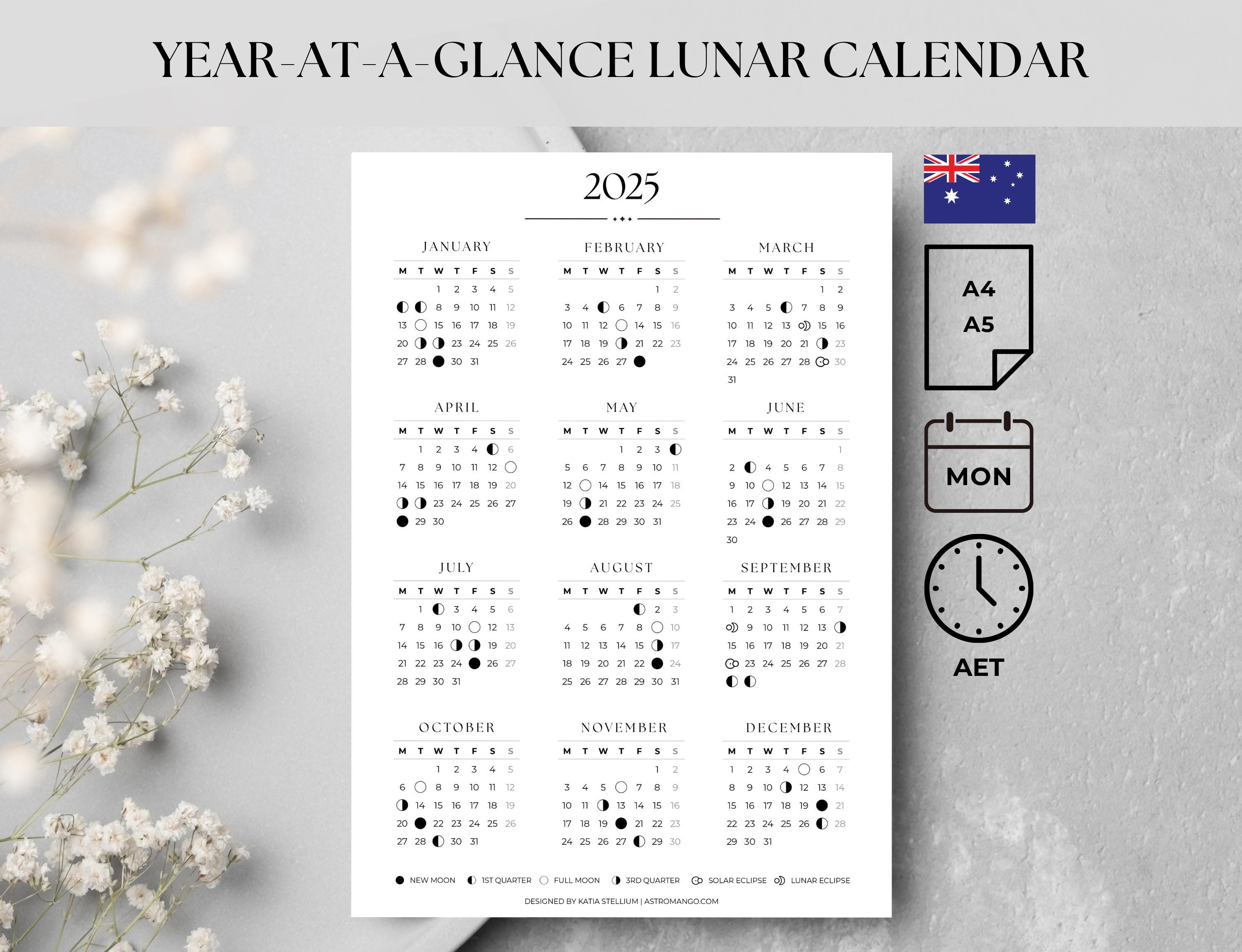 Lunar Calendar Year-at-a-glance | Printable Moon Calendar 2025 | Southern Hemisphere ...