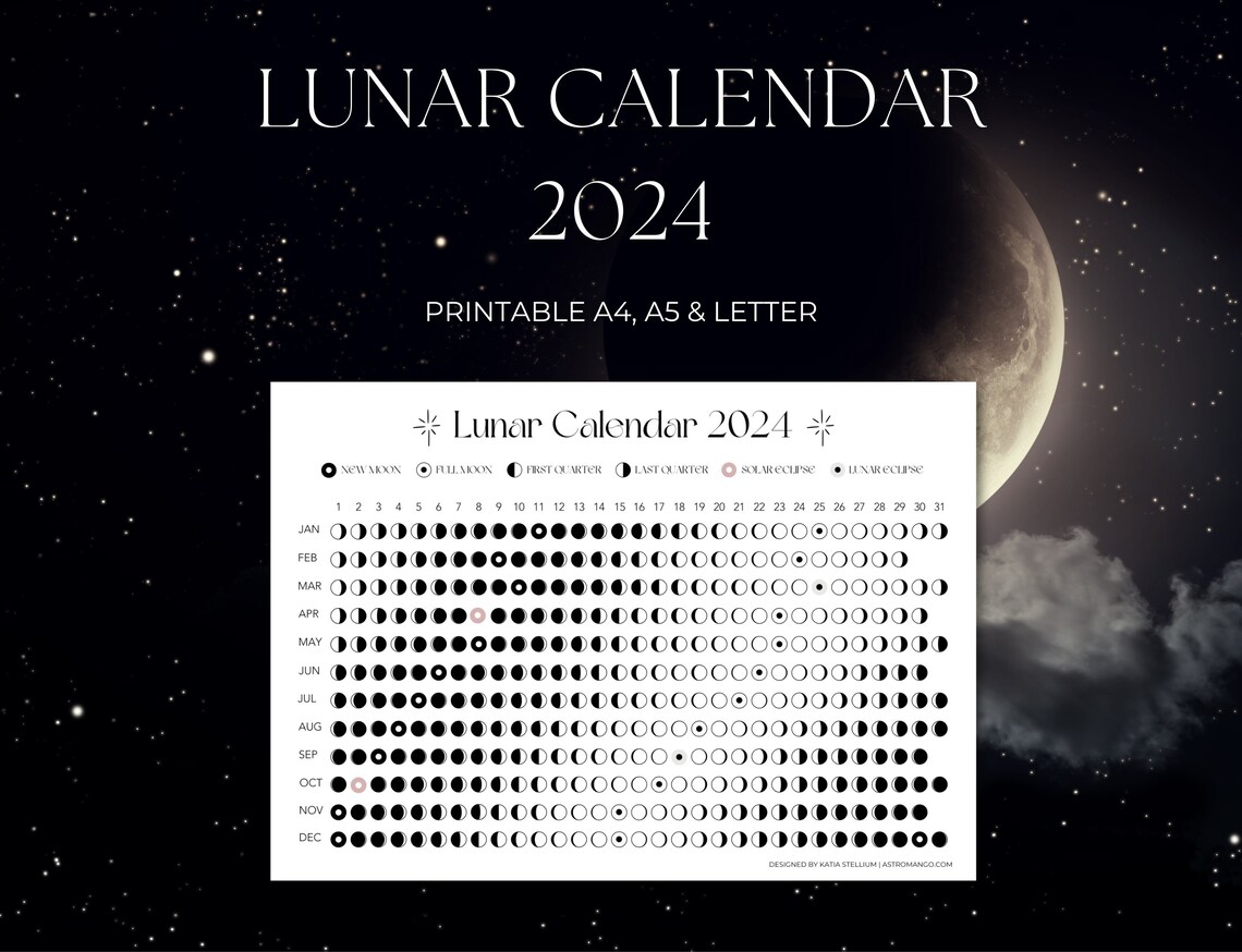 Lunar Calendar Printable Moon Calendar 2024 Lunar Phases Moon Phases - Etsy