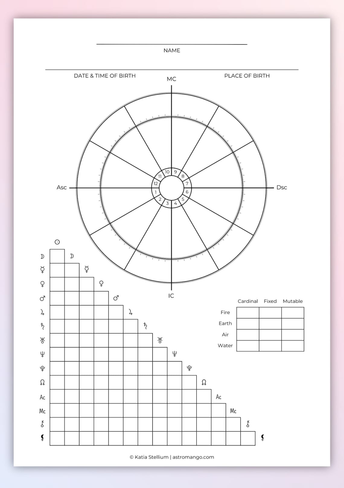 Blank Astrology Birth Chart | Blank Natal Chart | Blank Birth Chart | Astrology Worksheet ...