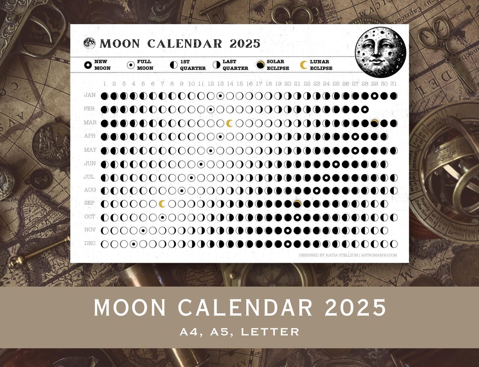 Moon Phases Calendar // Lunar Phases Calendar // Vintage Moon // Lunar ...