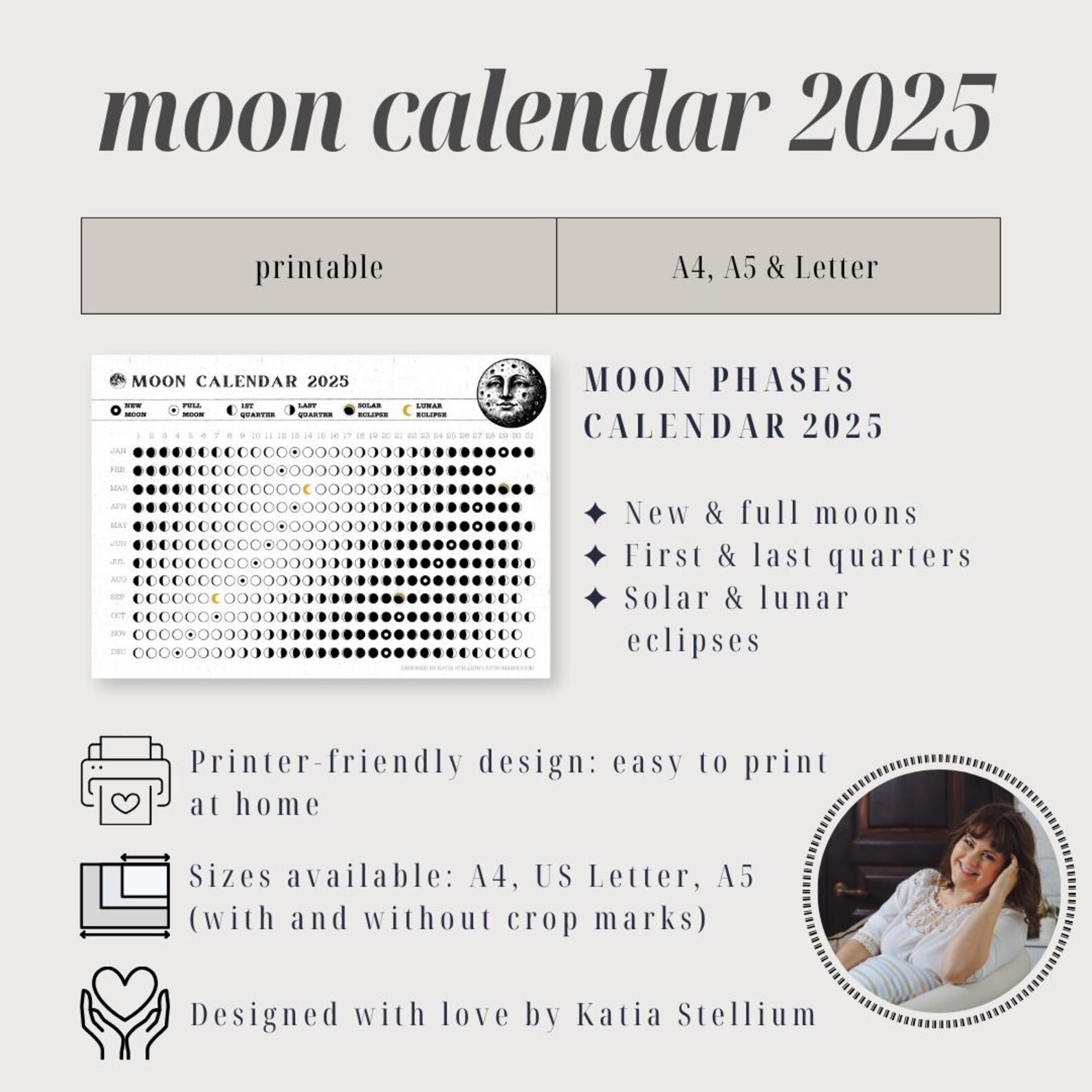 Moon Phases Calendar // Lunar Phases Calendar // Vintage Moon // Lunar ...