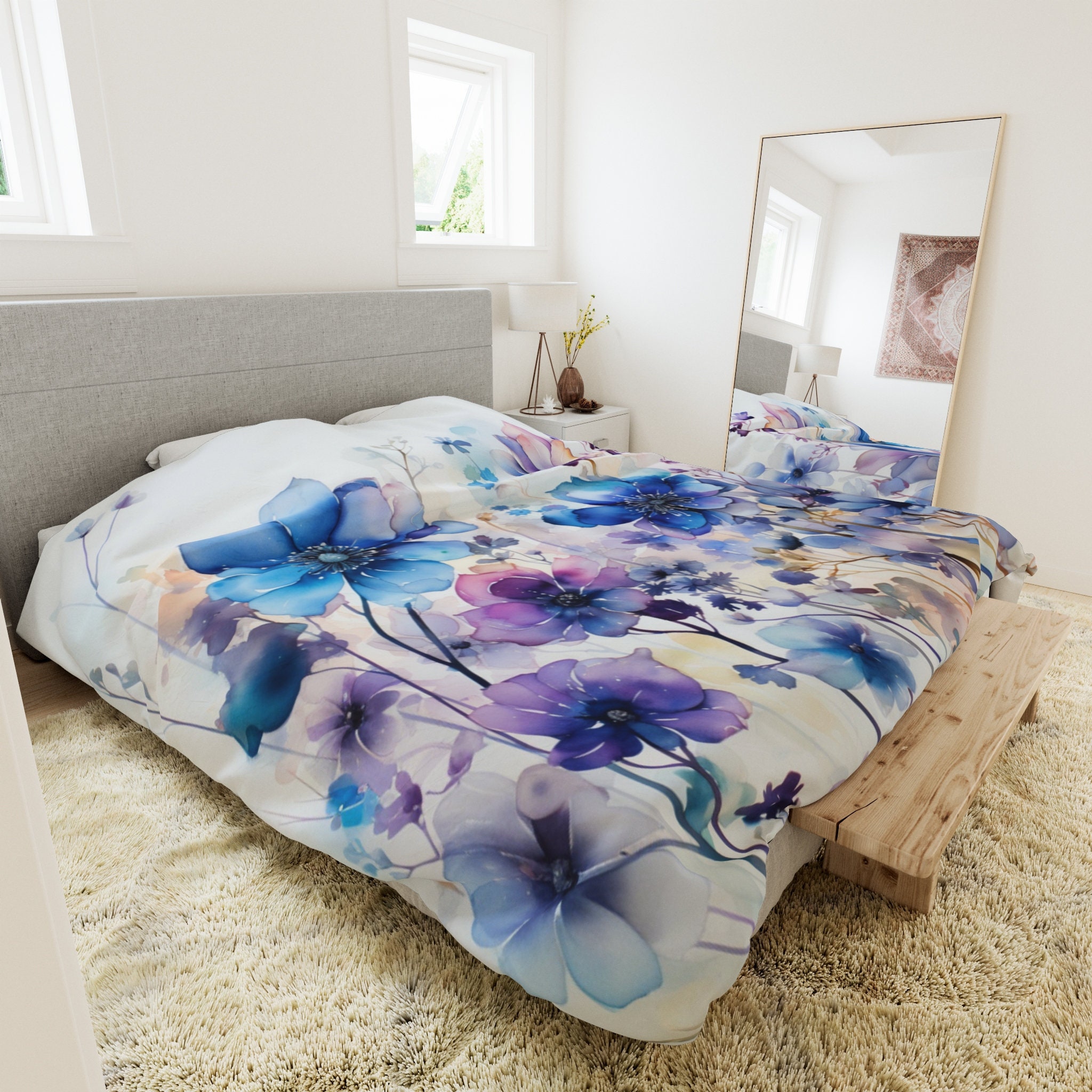 Blue Watercolor Flowers Duvet Cover, Floral Duvet Cover, Home Decor ...